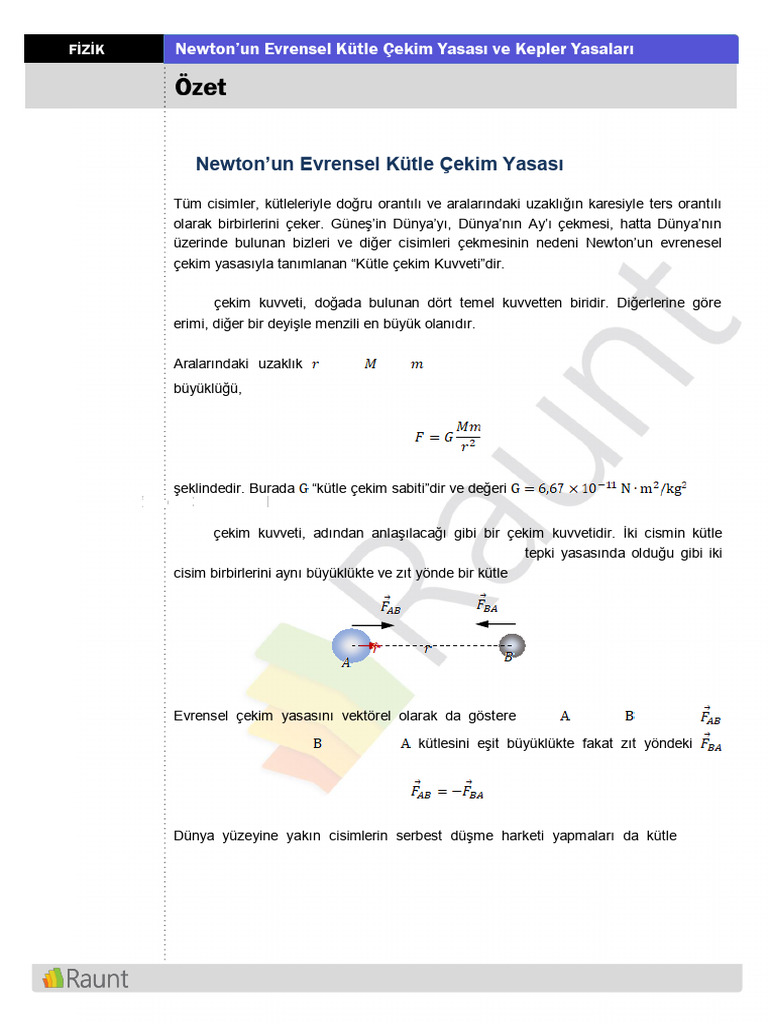 Newton'Un Evrensel Kutle Cekim Yasasi Ve Kepler Yasalari Ozet | PDF