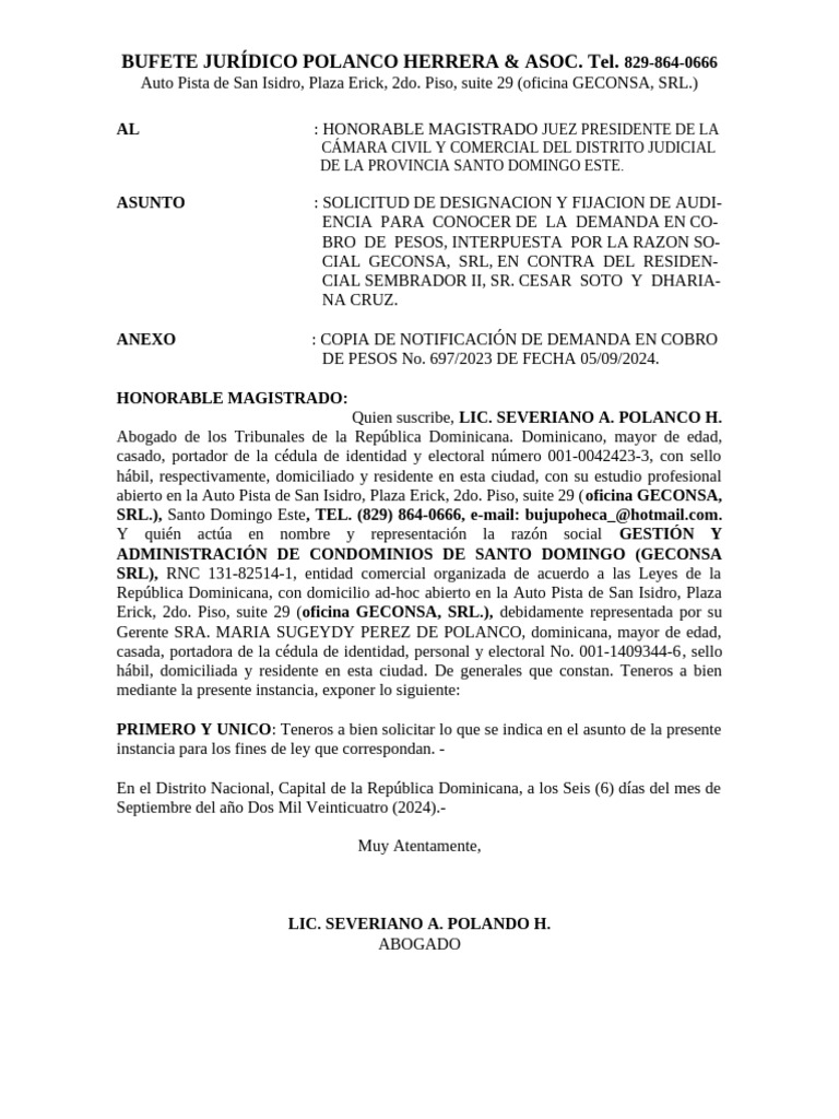 Solicitud de Fijacion de Audiencia y Designacion Geconsa y Sembradores ...