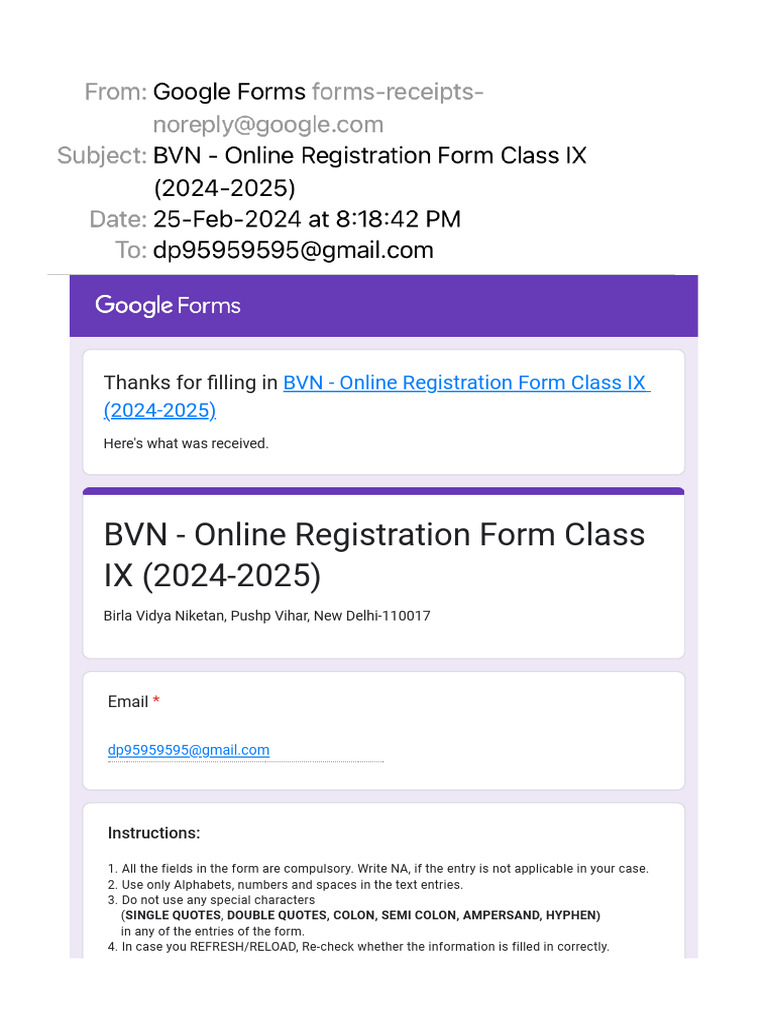BVN - Online Registration Form Class IX (2024-2025) 2 | PDF