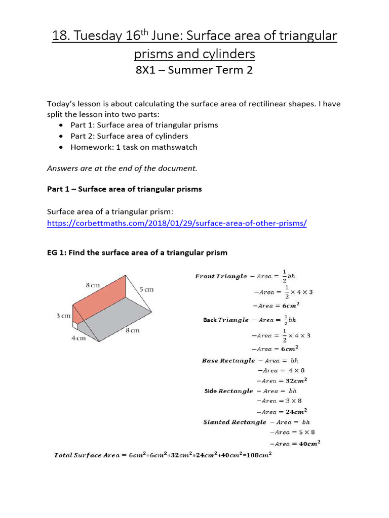 Surface Area of Triangular Prisms and Cylinders | PDF