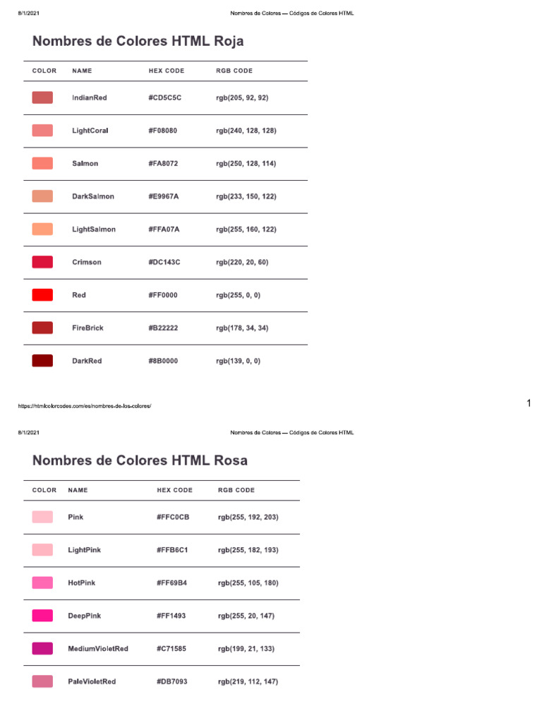 Nombres de Colores en HTML | PDF