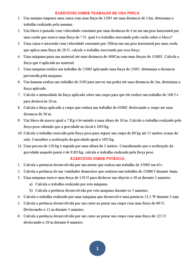 Exercícios Sobre Trabalho de Uma Força | PDF | Potência (Física) | Força Exercícios Sobre Trabalho de Uma Força | PDF | Potência (Física) | Força