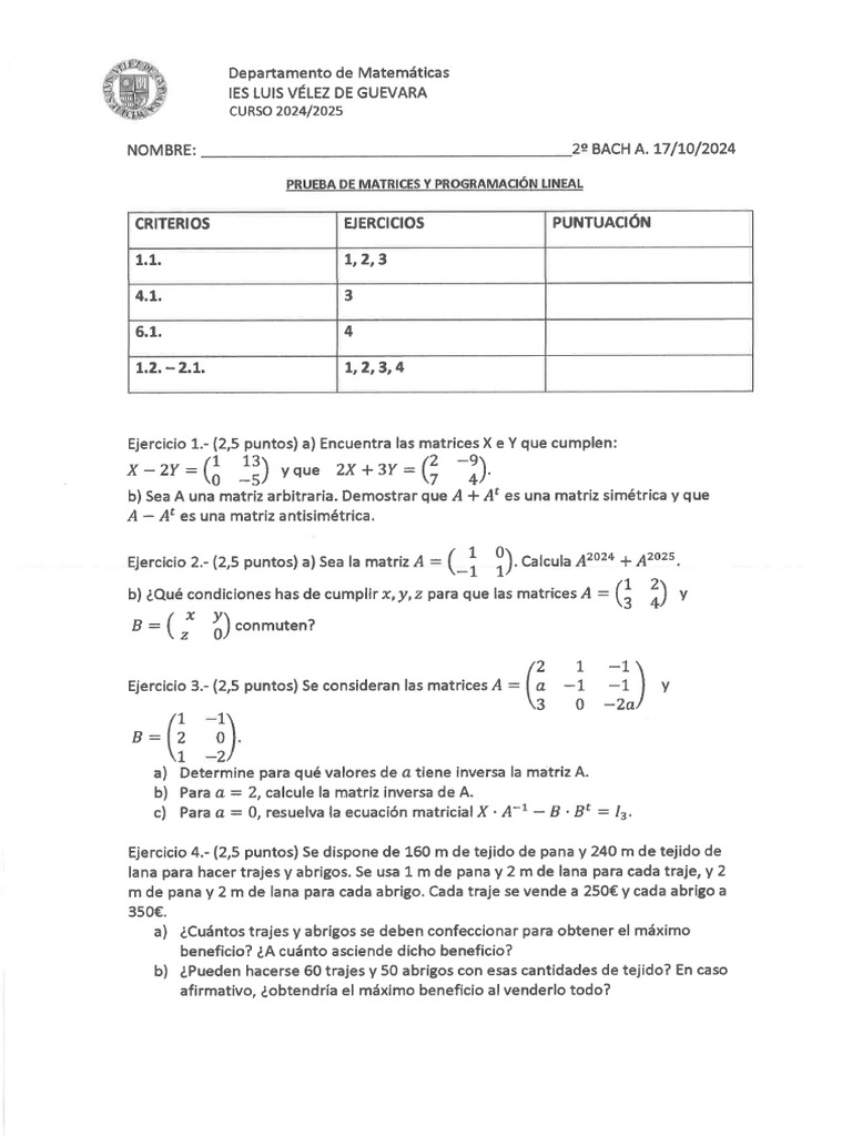 Examen Matrices y Programacion Lineal | PDF