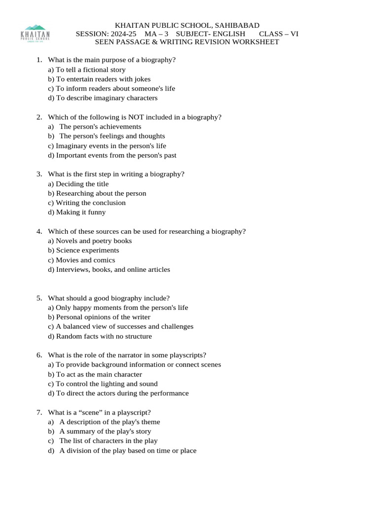 VI - MA 3 Revision - Seen Passage and Writing | PDF | Biography | Narration