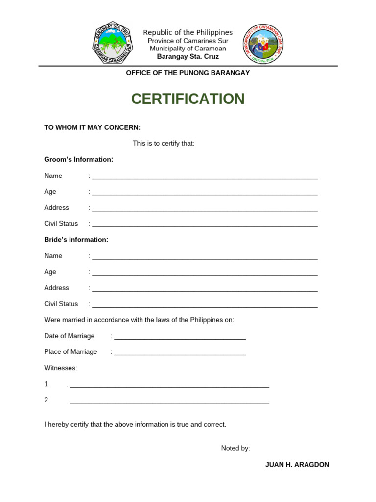 Barangay Marriage Certification Sample | PDF