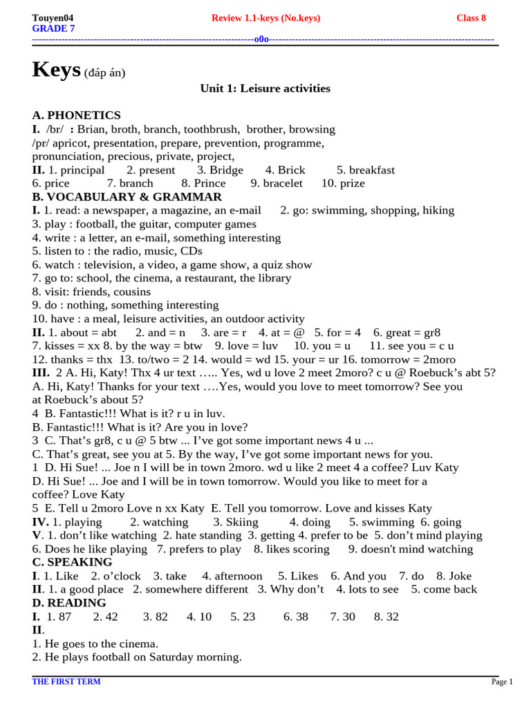 Class8-Touyen04-Review 1.2-Keys (No - Keys) | PDF