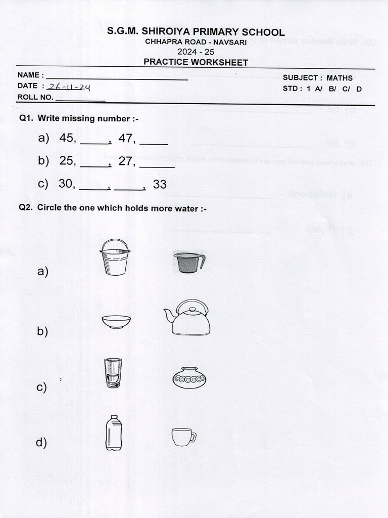 STD I Maths Practise Worksheet | PDF