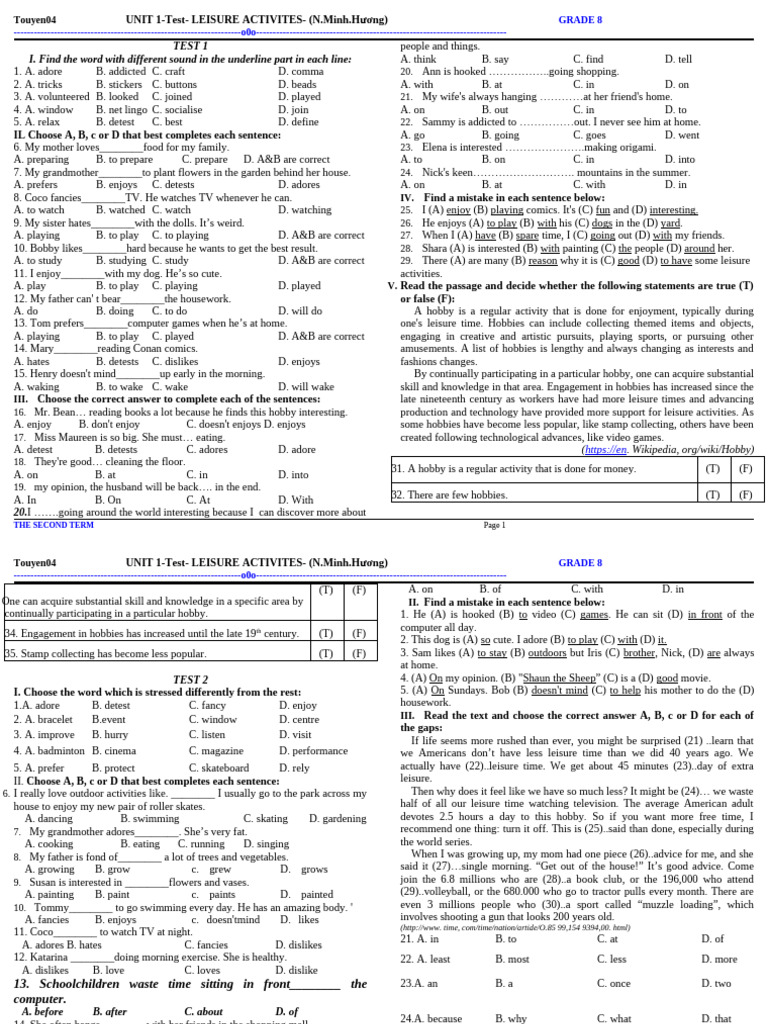 Class8-Touyen04-Unit1.1 - Test-Keys ( (N.Minh - Hương) | PDF | Hobbies