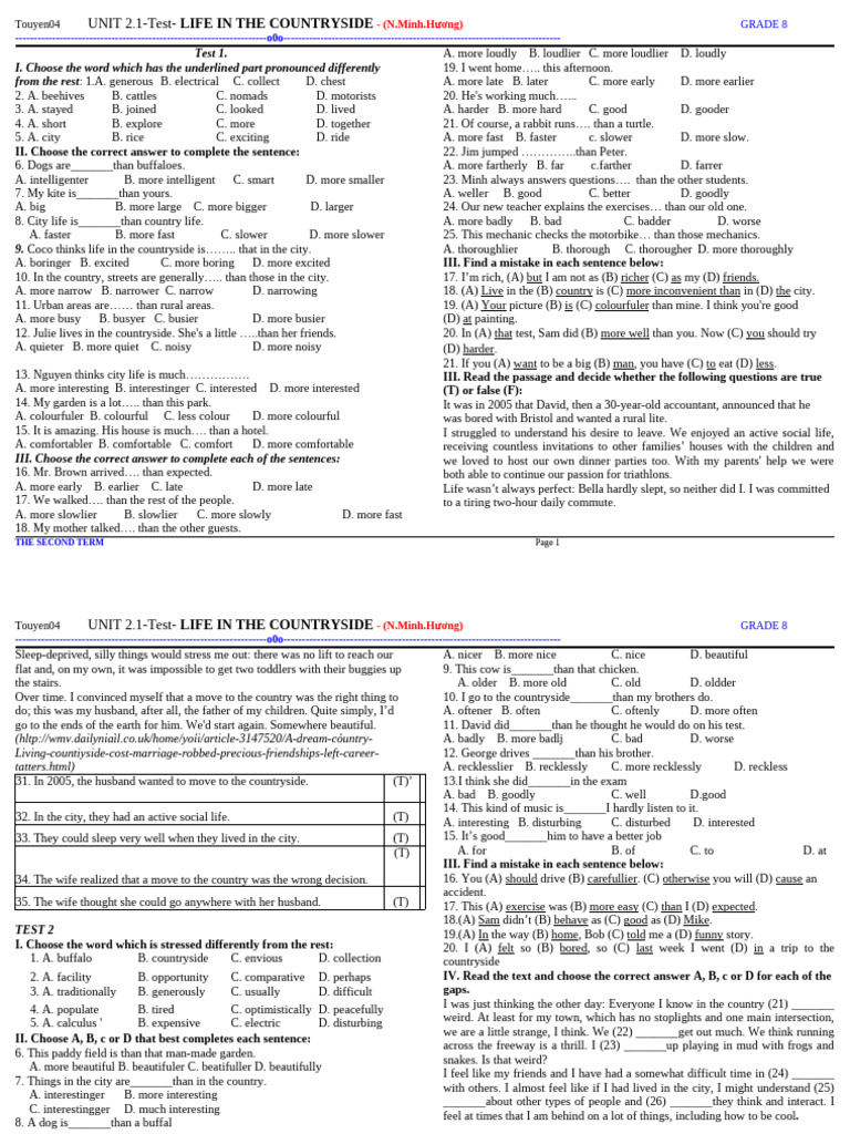 Grade 8 Test: Life in the Countryside | PDF