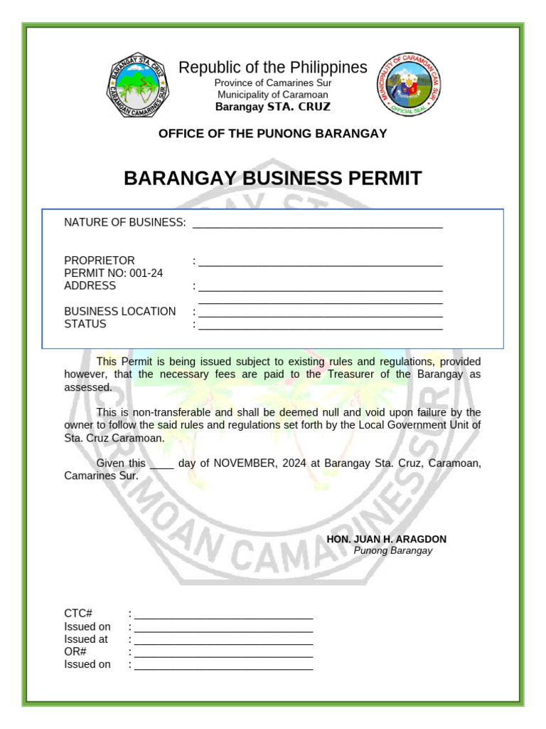 Barangay Business Permit 2024 | PDF