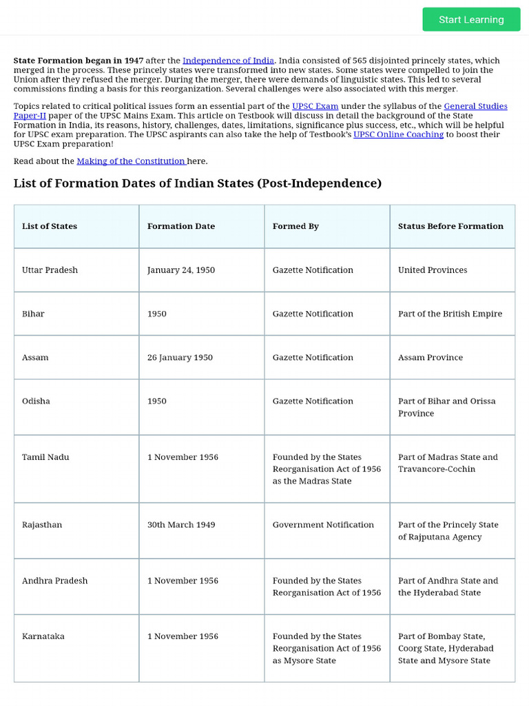 Formation Dates of States in India - List of Dates and Challenges | PDF