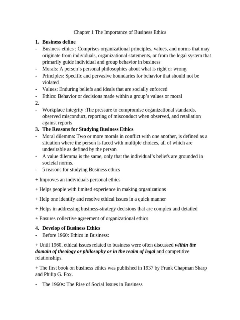 Chapter 1 The Importance of Business Ethics Note | PDF | Business ...