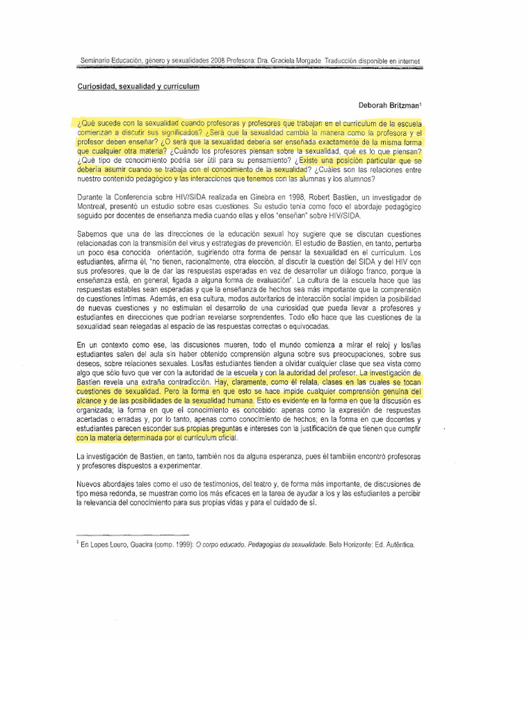 Curiosidad Sexualidad y Curriculum - Britzman | PDF