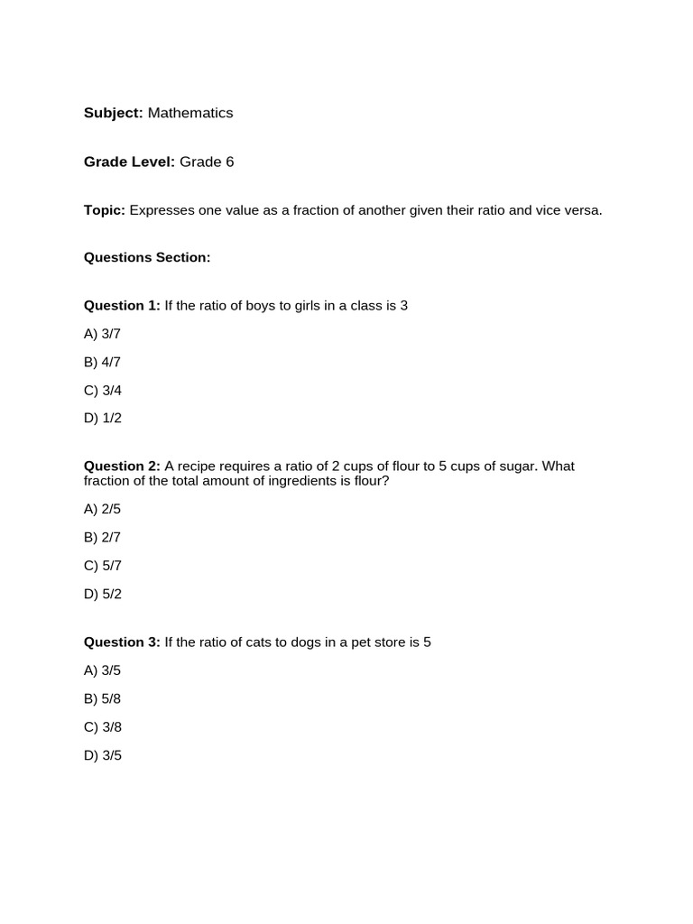 Quiz Mathematics Pdf Ratio Odds