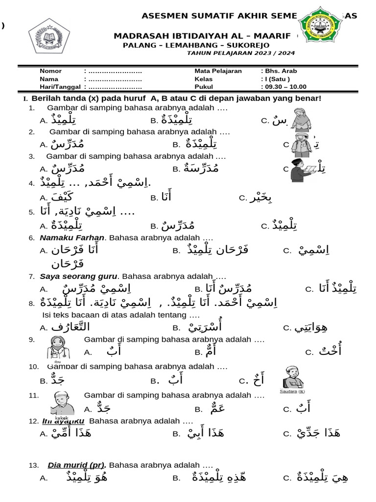 SOAL B.ARAB Kls 1 GANJIL 22-23 | PDF