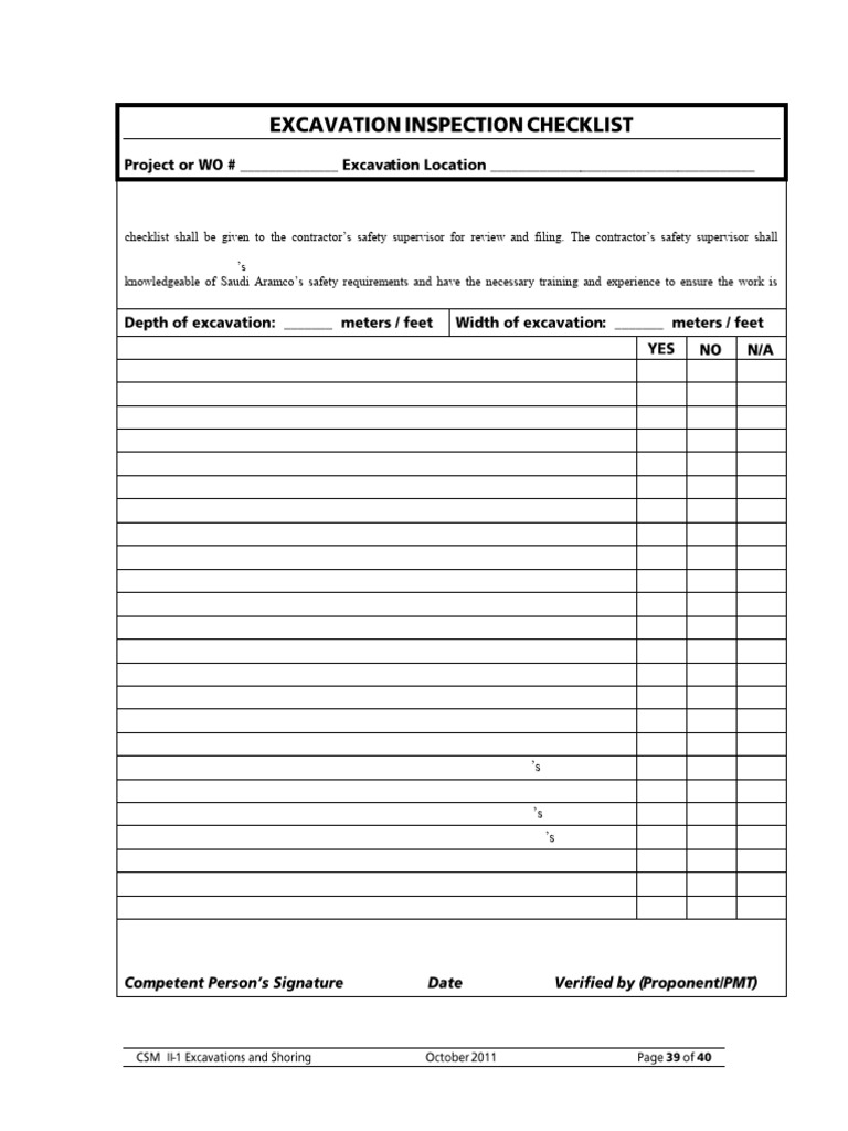 Excavation Inspection Checklist | PDF | Tire