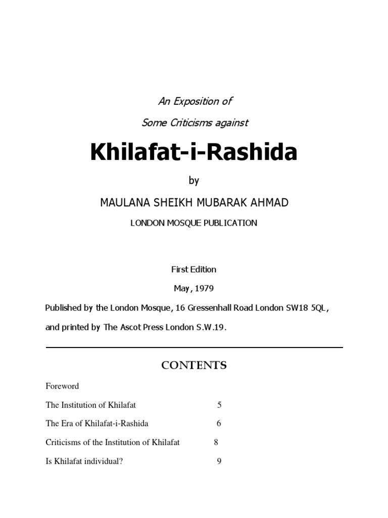 An Exposition On Some Criticisms Against Khilafat-E-Rashida by Maulana Sheikh Mubarak Ahmad ...