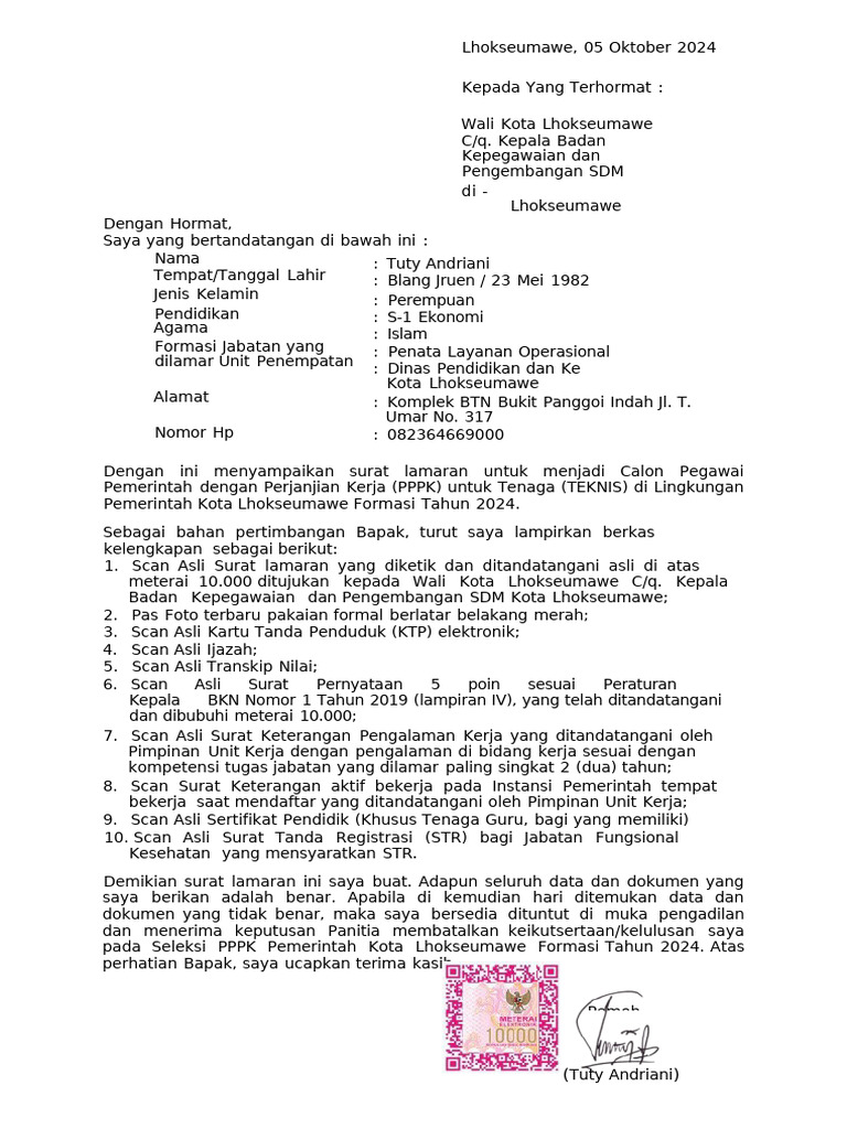 Surat Lamaran Tuty | PDF