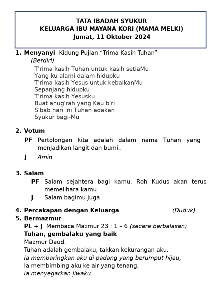 Liturgi Syukur Keluarga Mama Melki | PDF