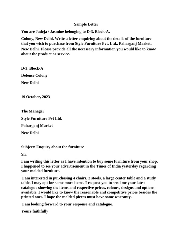 Enquiry Letter - Sample and Practice Letter | PDF