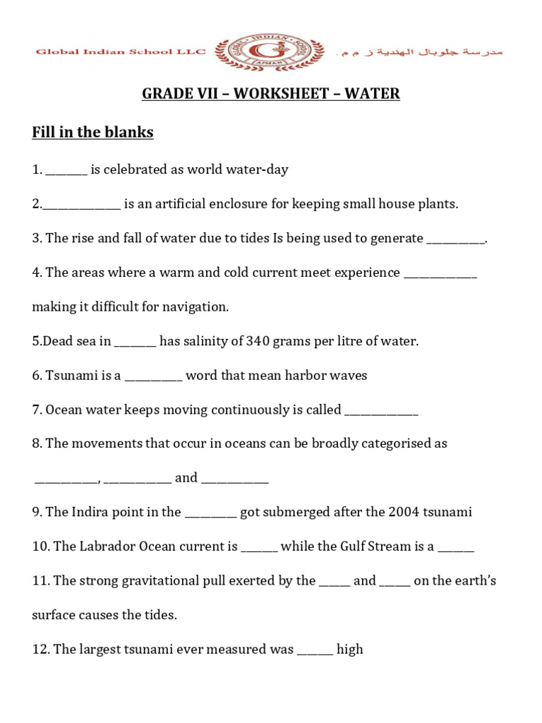 Class 7 Water Worksheet with Answers | PDF