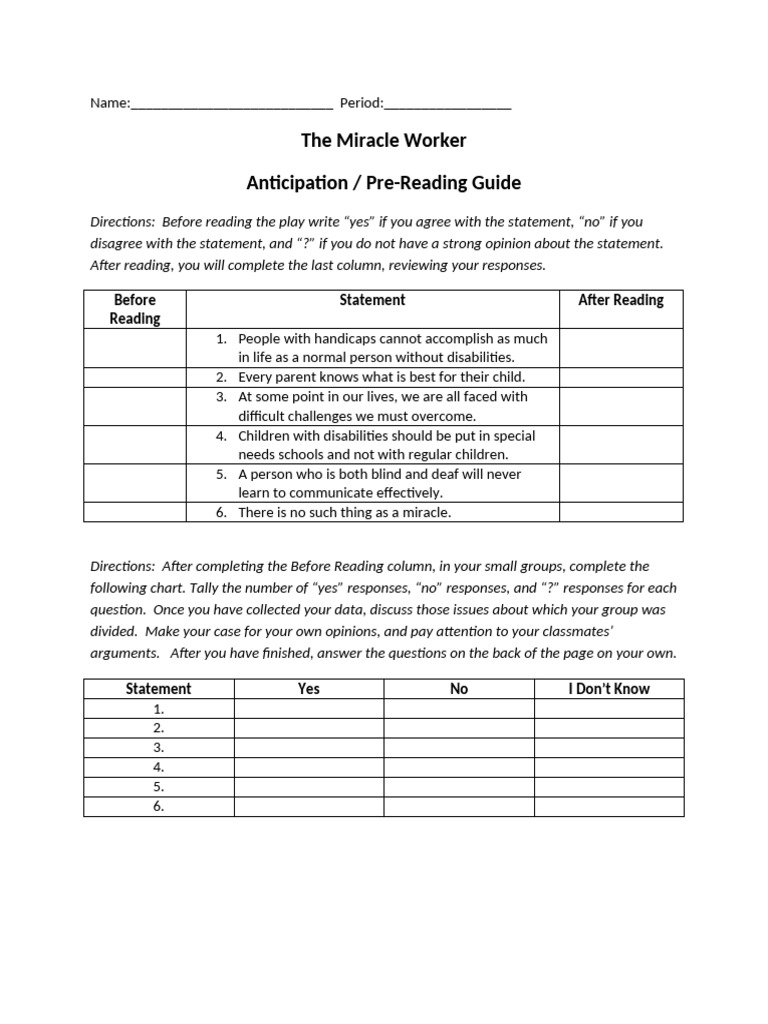 Pre-Reading Guide for The Miracle Worker | PDF
