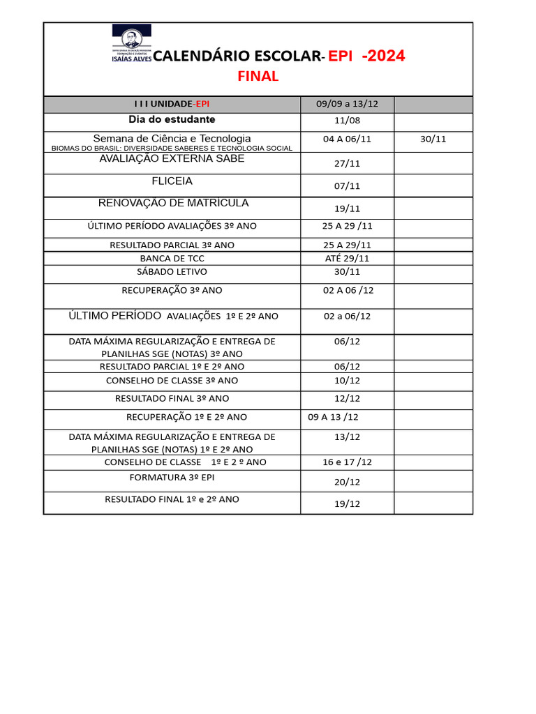 Calendário Final Epi 2024 | PDF