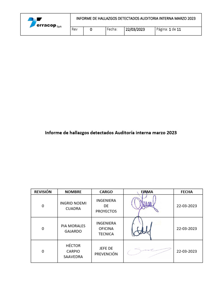 Informe de Hallazgos Detectados Auditoría Interna Marzo 2023 | PDF | Auditoría | Planificación