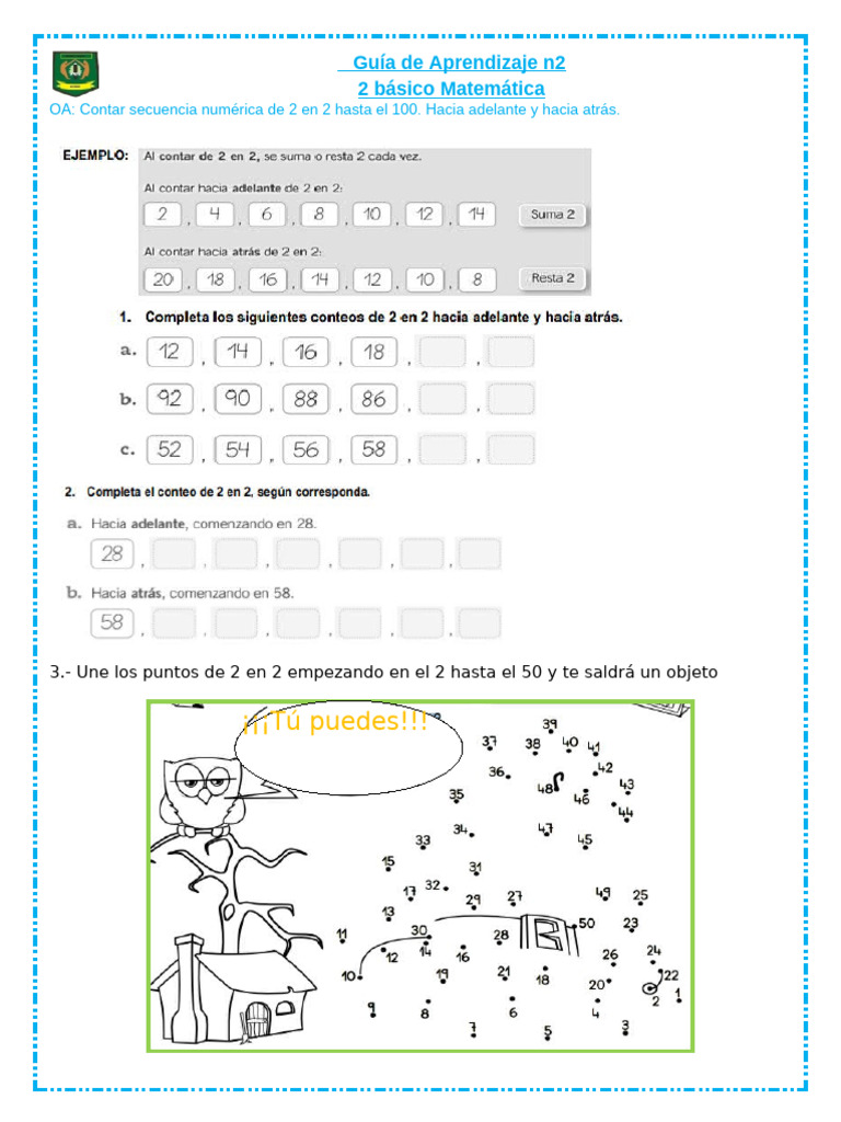 Guia Aprendizaje Matematica 2 Basico Conteo de 2 en 2 5 5n 5 | PDF