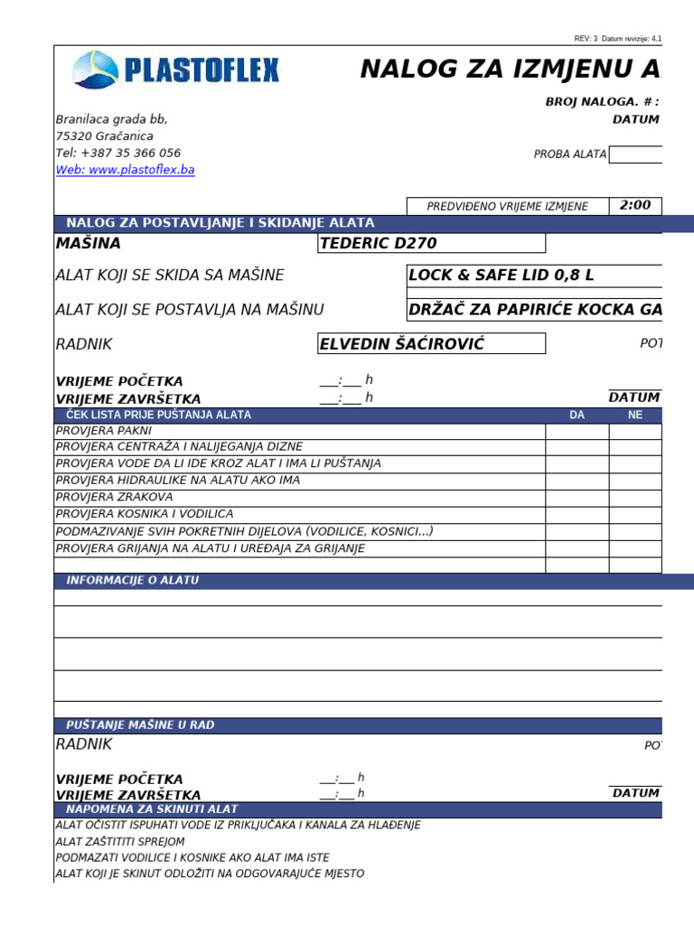 Nalog Za Izmjenu Alata 6 Tederic D270-Držač Za Papiriće Kocka Gatarić | PDF