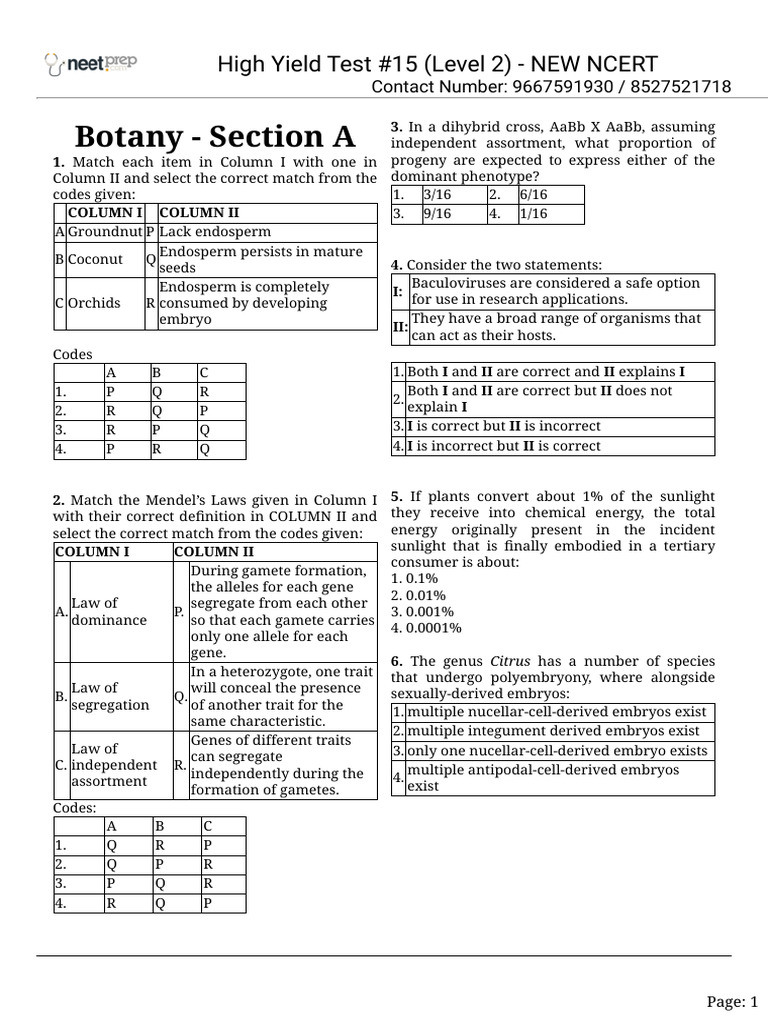 High Yield Test #15 (Level 2) - NEW NCERT | PDF | Virus | Biology