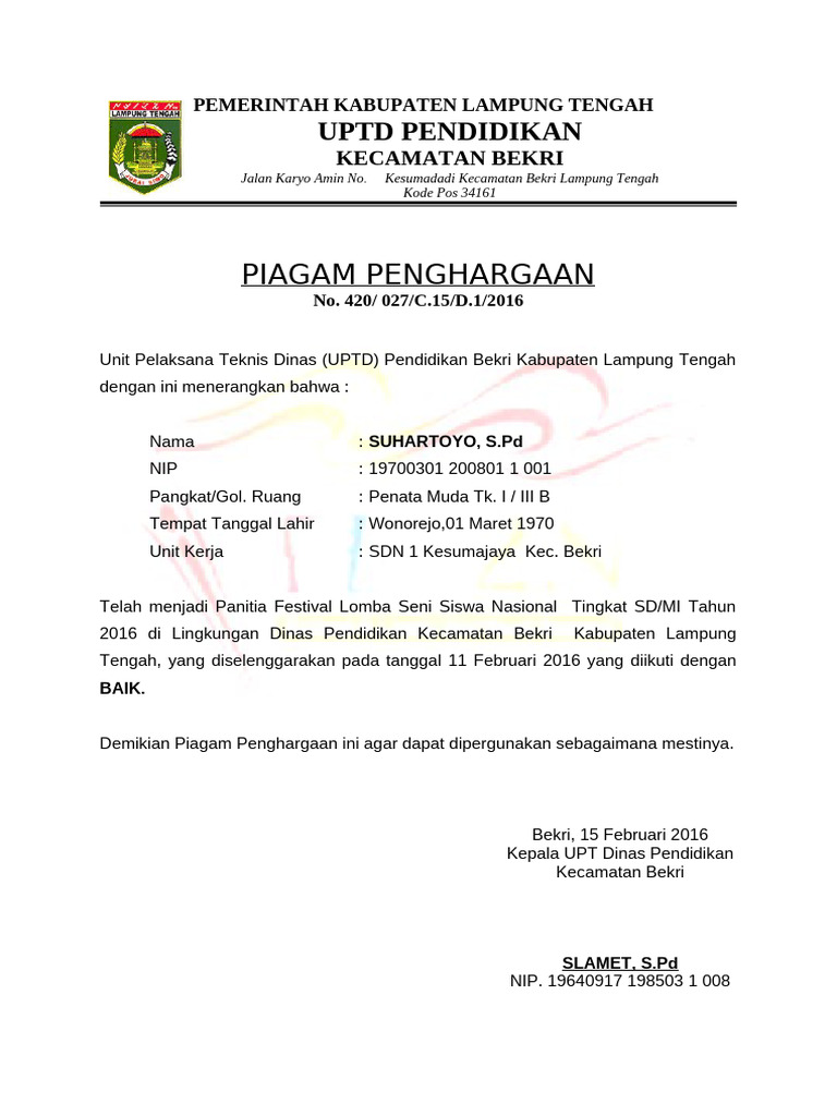PIAGAM PENGHARGAAN LOMBA FL2SN Panitia | PDF