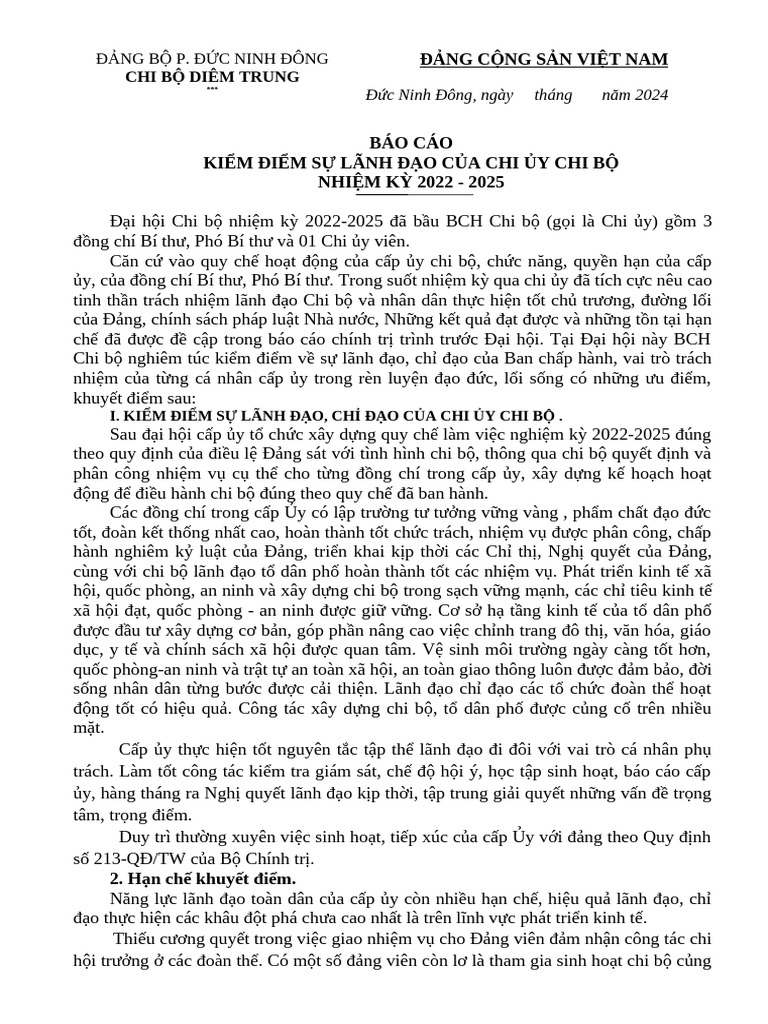 BC Kiem Diem BCH Chi Bo Diem Trung 2025 | PDF