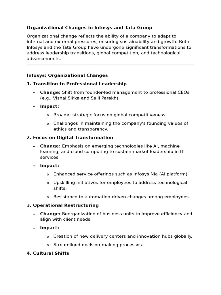 Organizational Changes in Infosys and Tata Group | PDF | Leadership ...