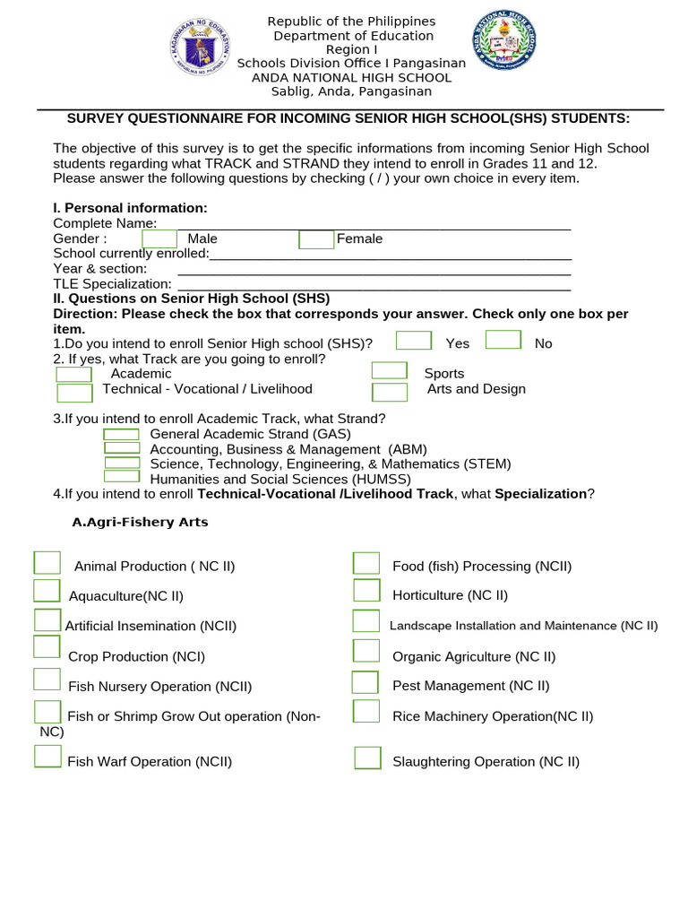 Shs Survey Form | PDF
