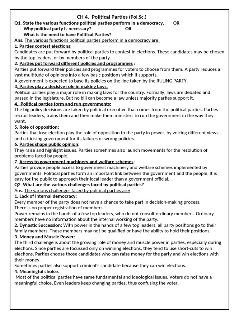 Functions and Challenges of Political Parties | PDF | Political Parties ...