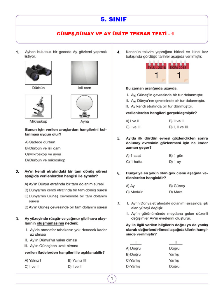 Gunes Dunya Ve Ay Unite Tekrar Testi - 1 | PDF