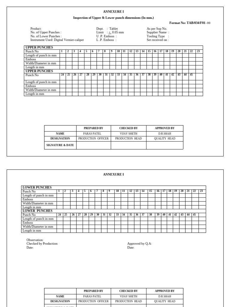 Annexure 1inspection of Upper & Lower Punch Dimensions (In MM.) | PDF ...