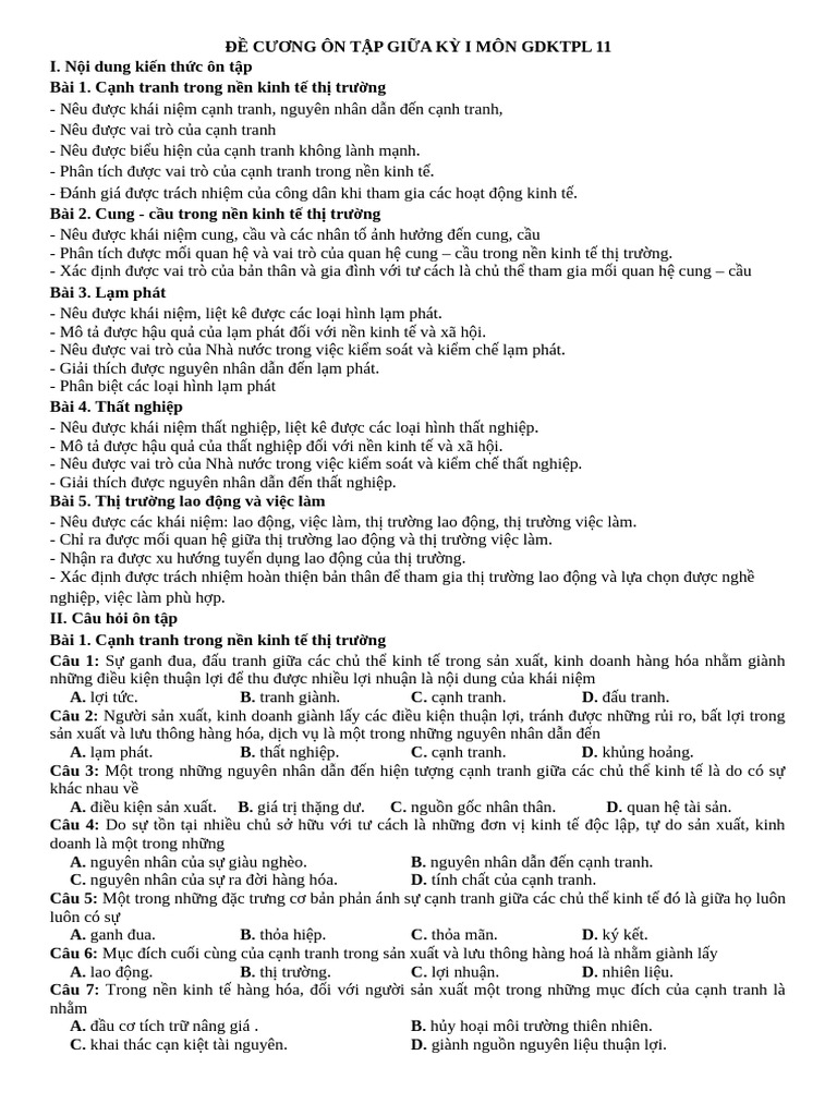 ĐC Ôn Tập Giữa Kỳ I GDKTPL 11 | PDF