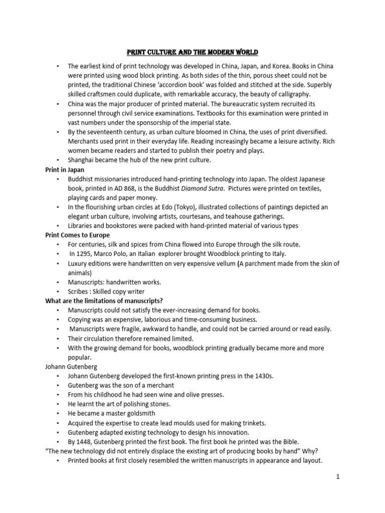 Print Culture Notes | PDF | Books | Printing