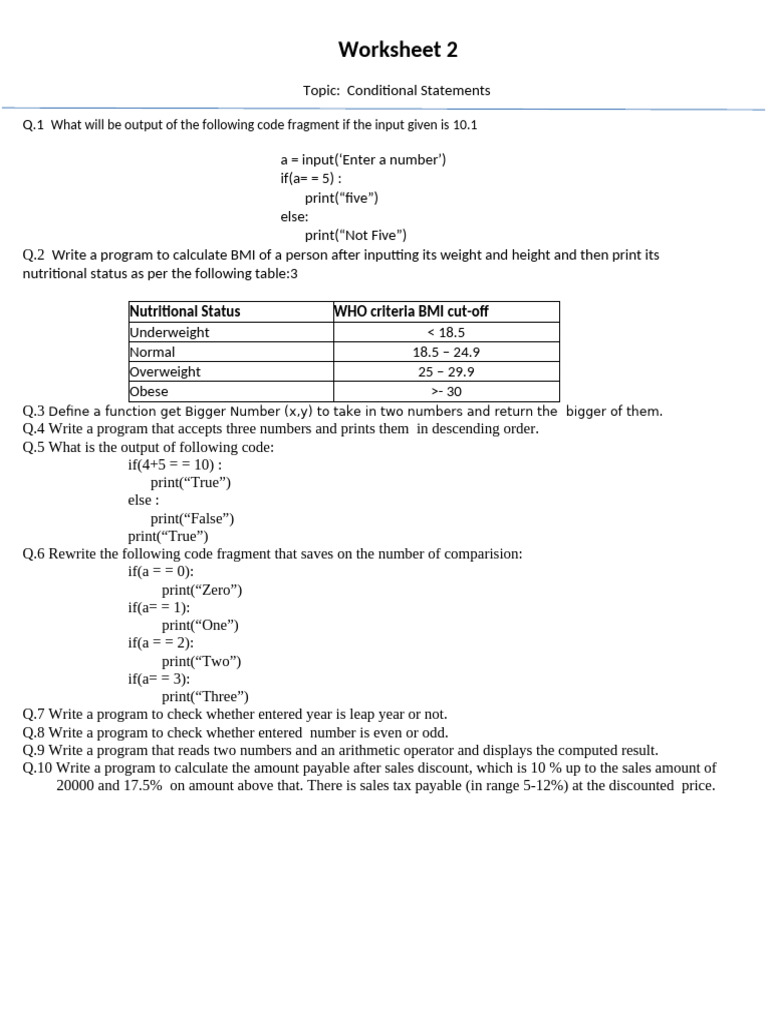 XI Worksheet1 Conditions | PDF