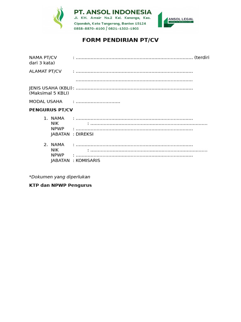 Formulir Pendirian PT/CV Lengkap | PDF
