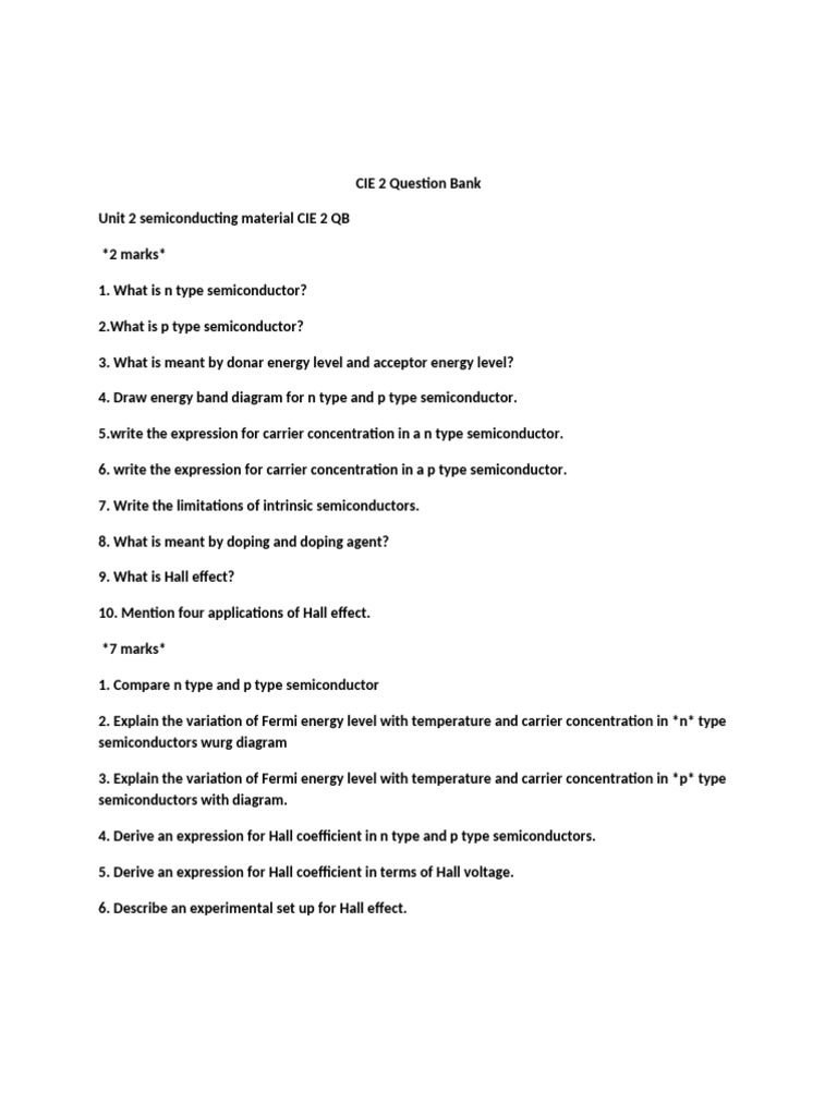 Question Bank for CIE 2 | PDF | Nanomaterials | Semiconductors