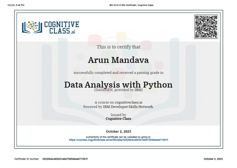IBM DA0101EN Certificate - Cognitive Class | PDF