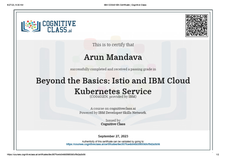 IBM CO0401EN Certificate - Cognitive Class | PDF