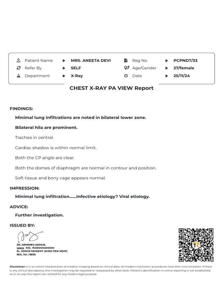 Chest X-Ray Report for Aneeta Devi | PDF