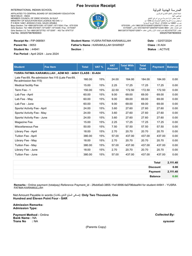 Fee Receipt - Fip-068561 Yusra Apr-June | PDF | Receipt | Value Added Tax