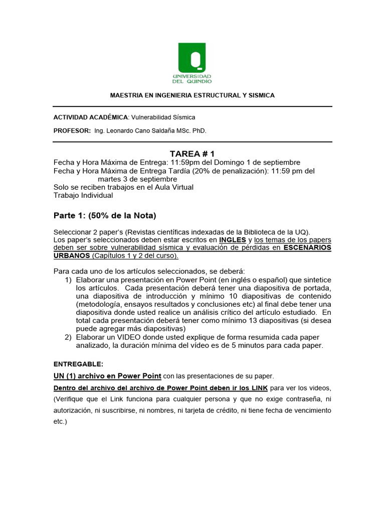 Tarea 1 - Vulnerabilidad Sismica - UQ-2024-2 | PDF