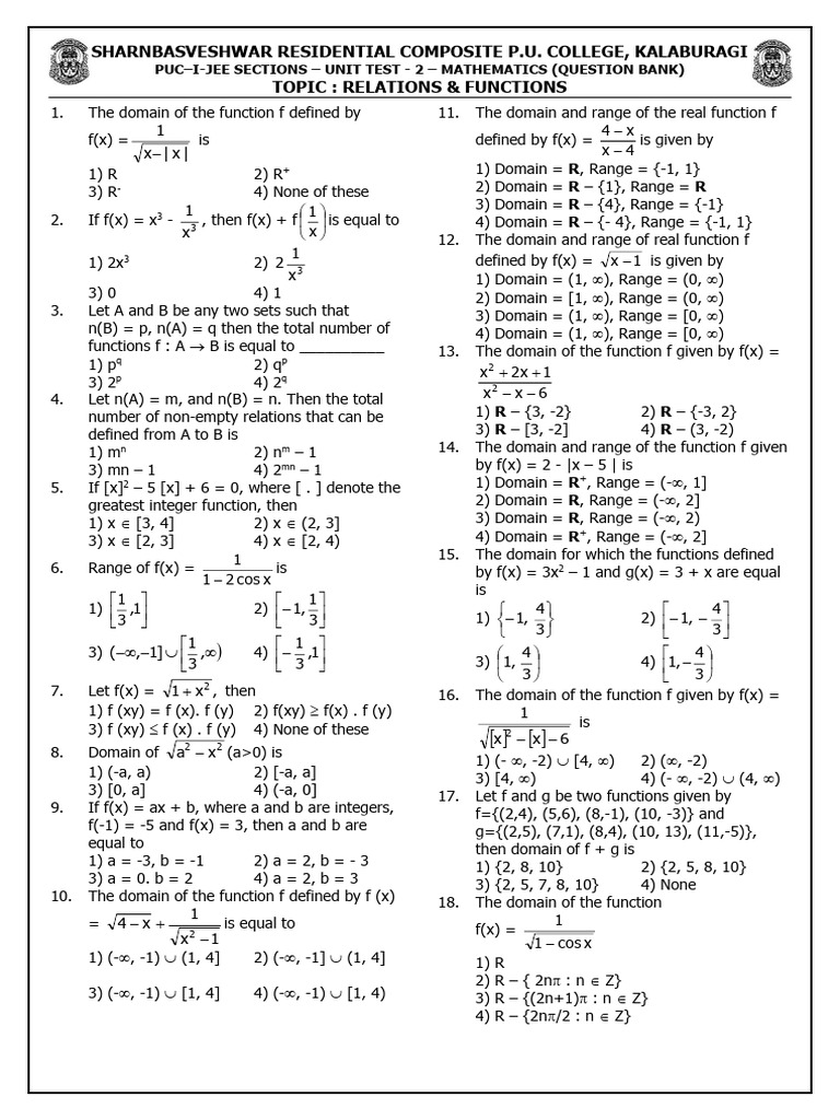JEE Section Unit Test 2 QB Relations and Functions - 240826 - 184201 ...