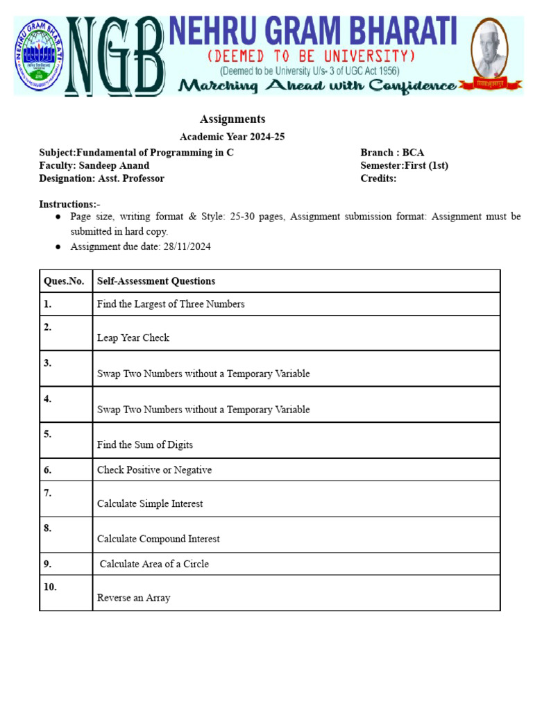 C Programming Assignments BCA 2024-25 | PDF